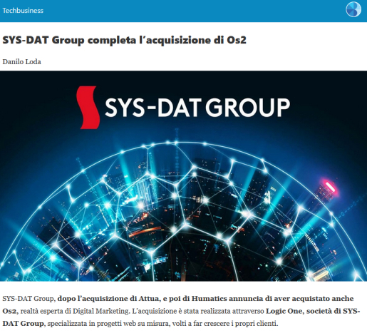 Techbusiness.it: "SYS-DAT Group completa l’acquisizione di Os2" - SYS-DAT Group